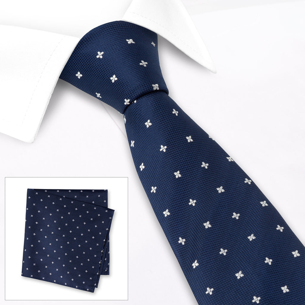Navy & Silver Flower Spot Silk Tie & Handkerchief Set – The Tie Store