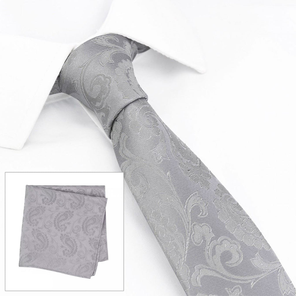 Classic Silver Paisley Slim Silk Tie & Handkerchief Set – The Tie Store