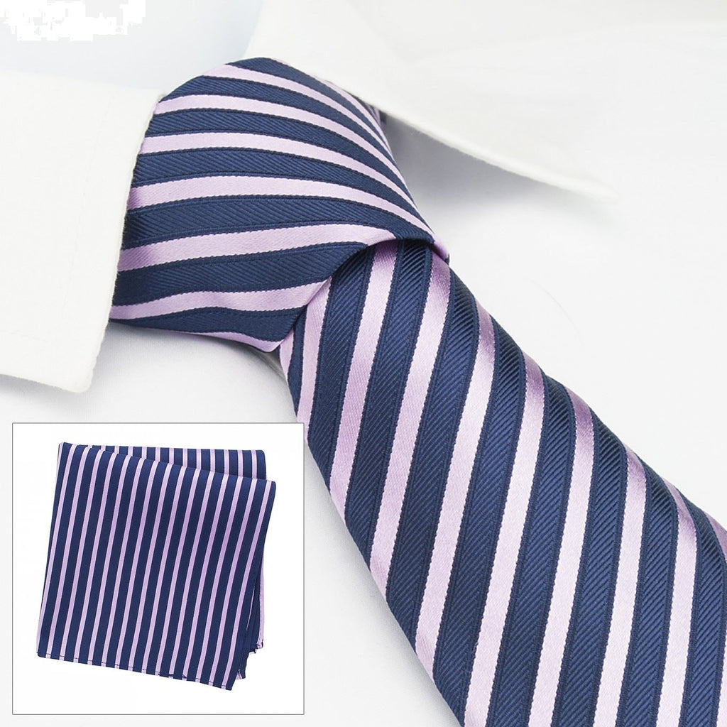 Navy & Pink Striped Woven Silk Tie & Handkerchief Set – The Tie Store