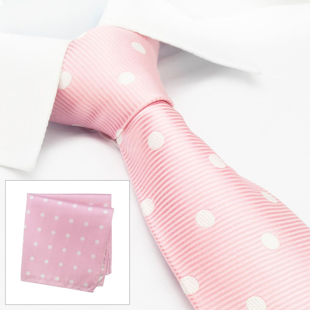 Pink Silk Tie & Handkerchief Set With White Polka Dots – The Tie Store