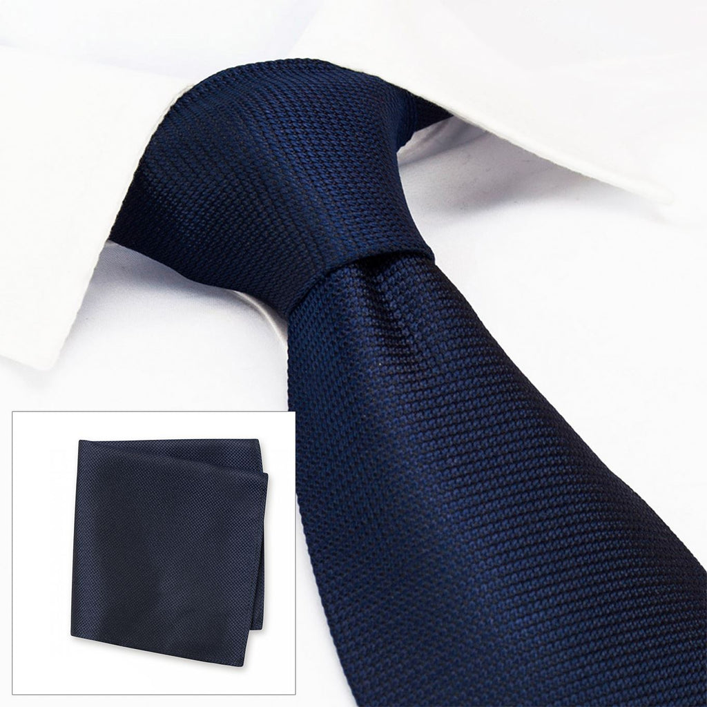 Navy Silk Plain Classic Textured Tie & Handkerchief Set – The Tie Store
