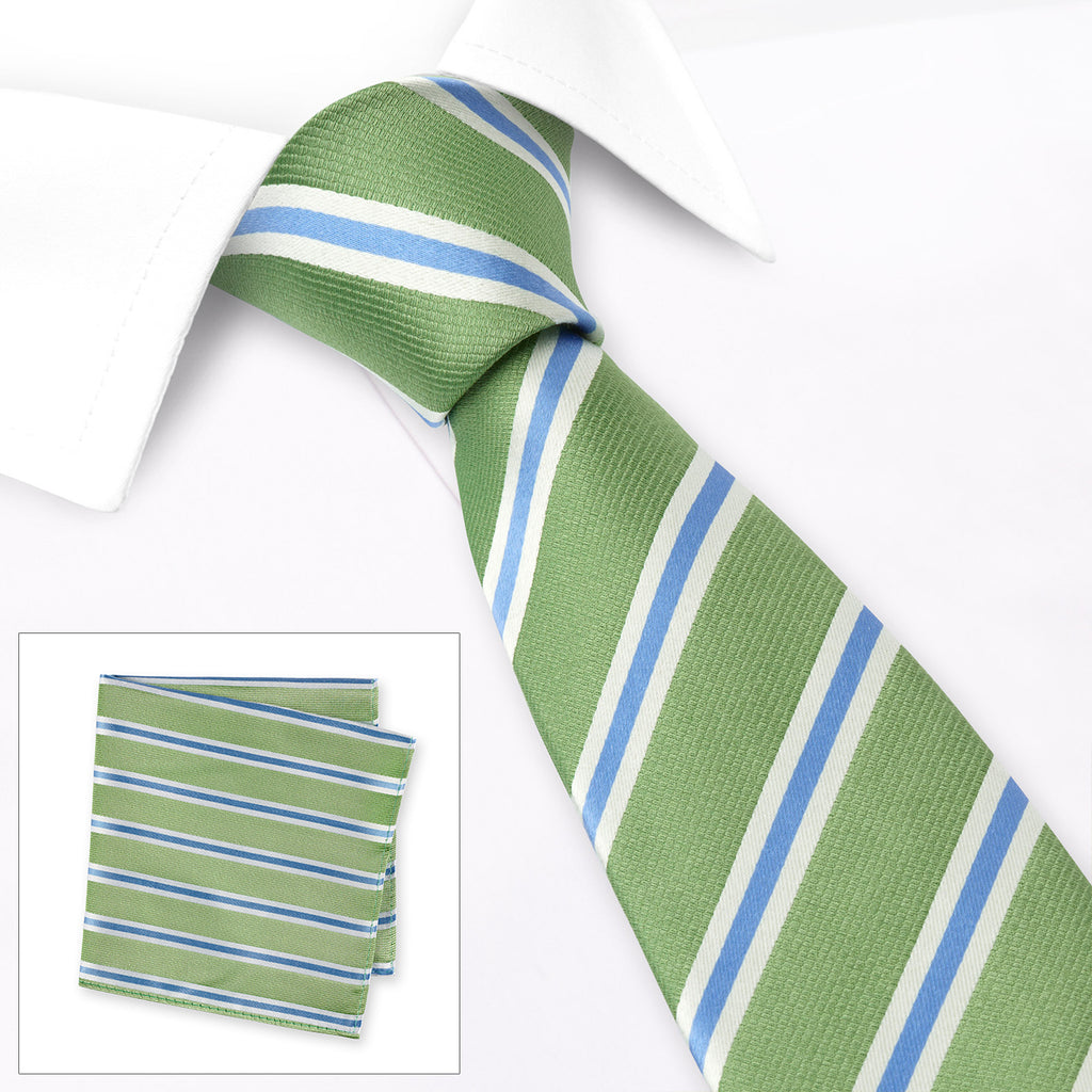Green with White and Blue Silk Tie & Handkerchief Set – The Tie Store